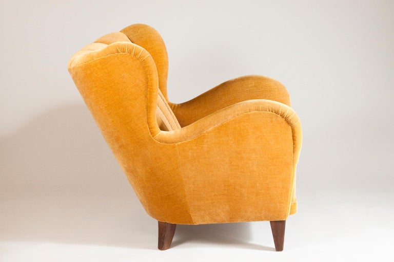 Scandinavian Modern Club Chair in Mustard Yellow Velvet For Sale at 1stDibs