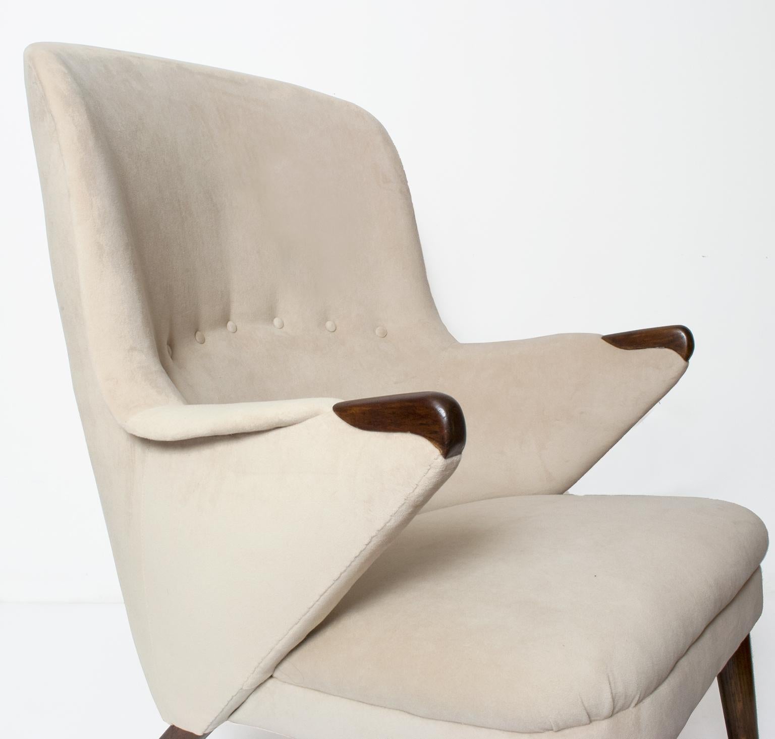 Scandinavian Modern Curved High Back Upholstered Lounge Chair with Teak ...