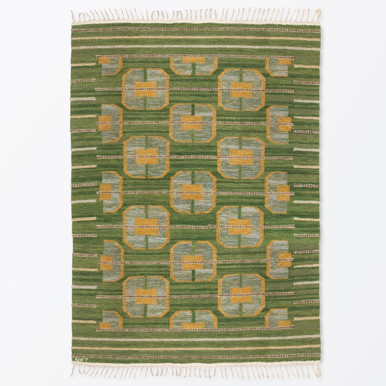 Scandinavian Modern Flat Weave Rug in Green and Gold Wool For Sale at ...