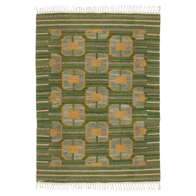 Scandinavian Modern Flat Weave Rug in Green and Gold Wool For Sale at ...