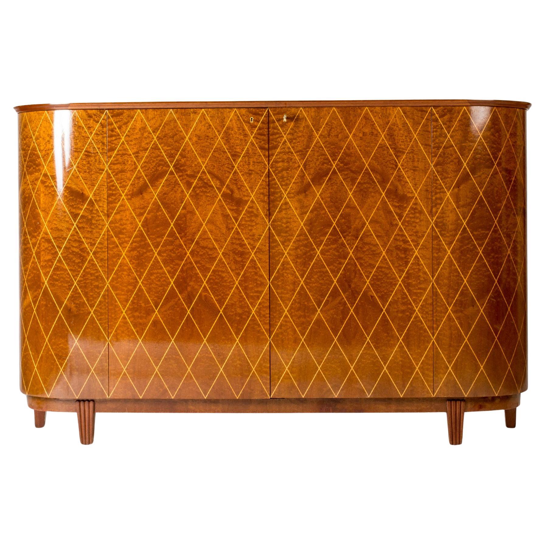 1940s detailed intarsia walnut swedish cabinet by erik mattson For Sale ...