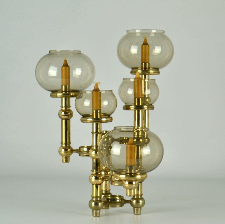 Scandinavian Modern Modular Brass Candelabra with Glass Shades For Sale ...