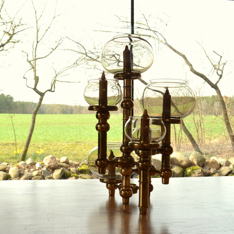 Scandinavian Modern Modular Brass Candelabra with Glass Shades For Sale ...