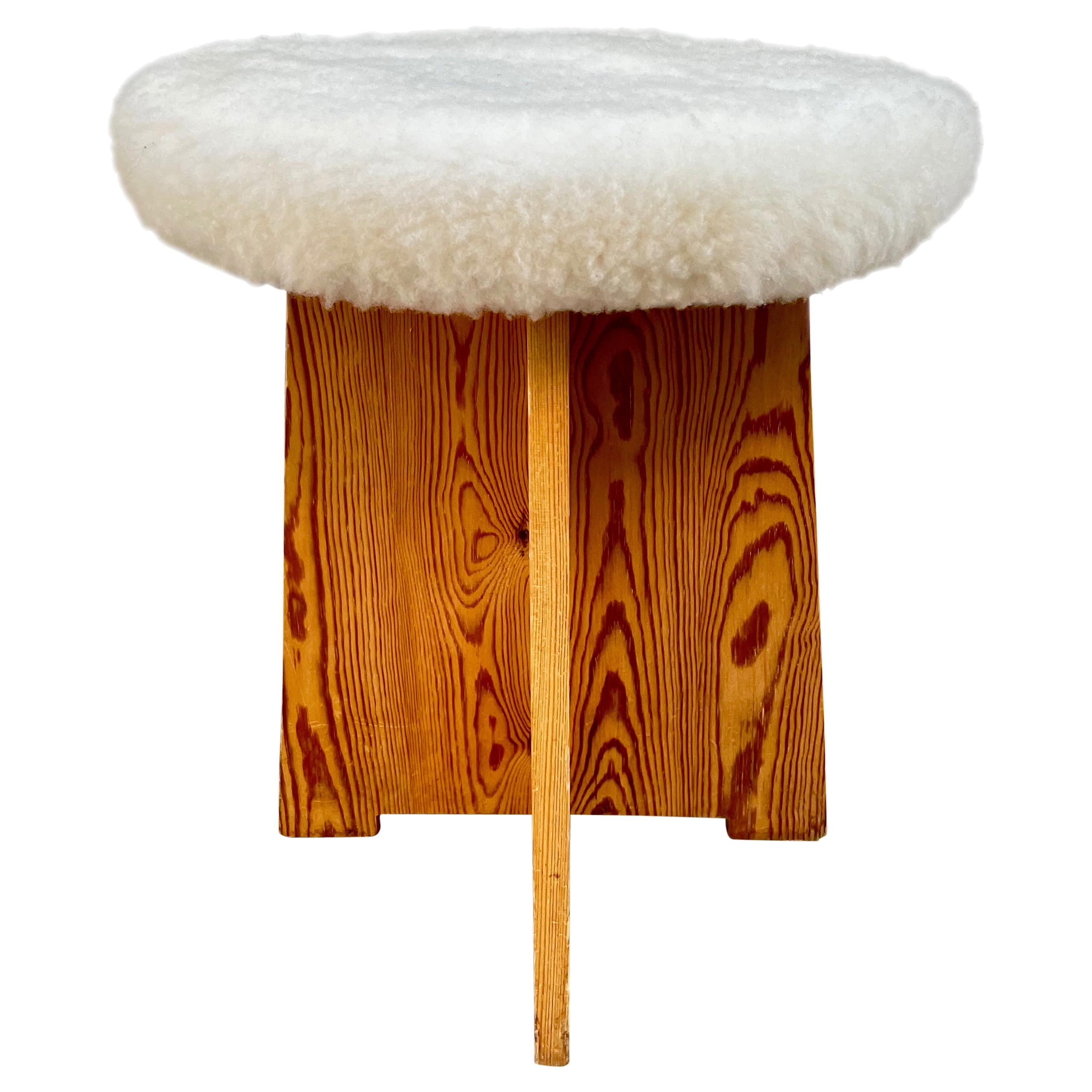 Scandinavian Modern Solid Pine / Sheepskin Stool, Sweden, 1970s at 1stDibs