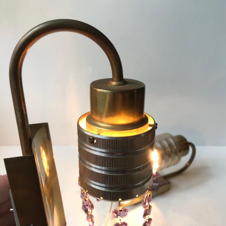 Scandinavian Modern Swag Prism Wall Sconces in Brass and Purple Crystal ...