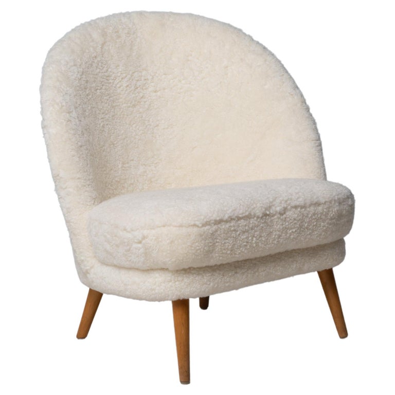Scandinavian Modern Swedish White Sheepskin Easy Chair For Sale at 1stDibs