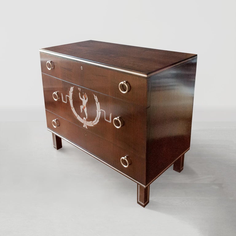 Scandinavian Modern Three-Drawer Chest with Pewter Inlay Figure and ...