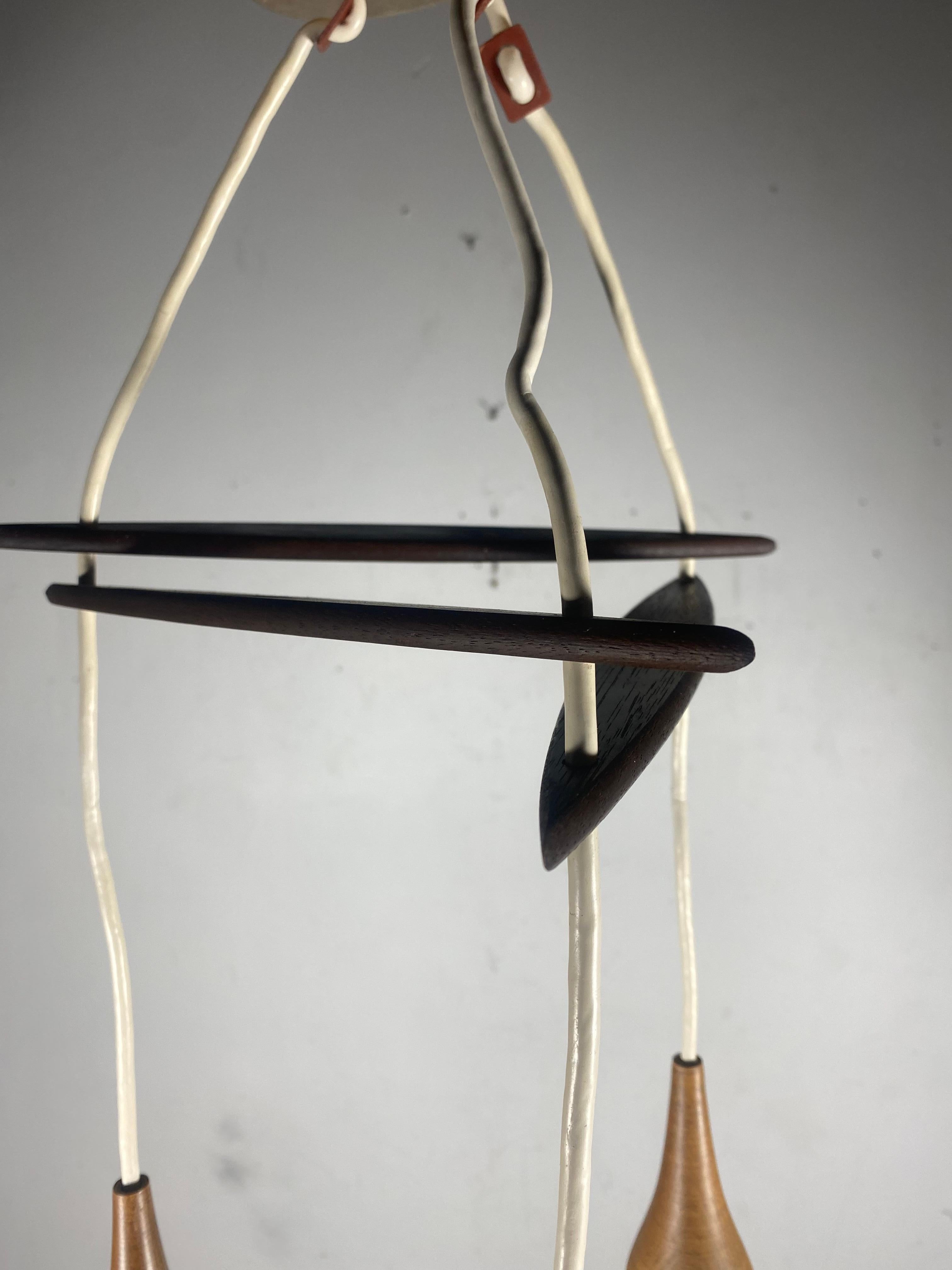 Scandinavian Modernist Triple Pendant Lighting.. Teak and Glass ...