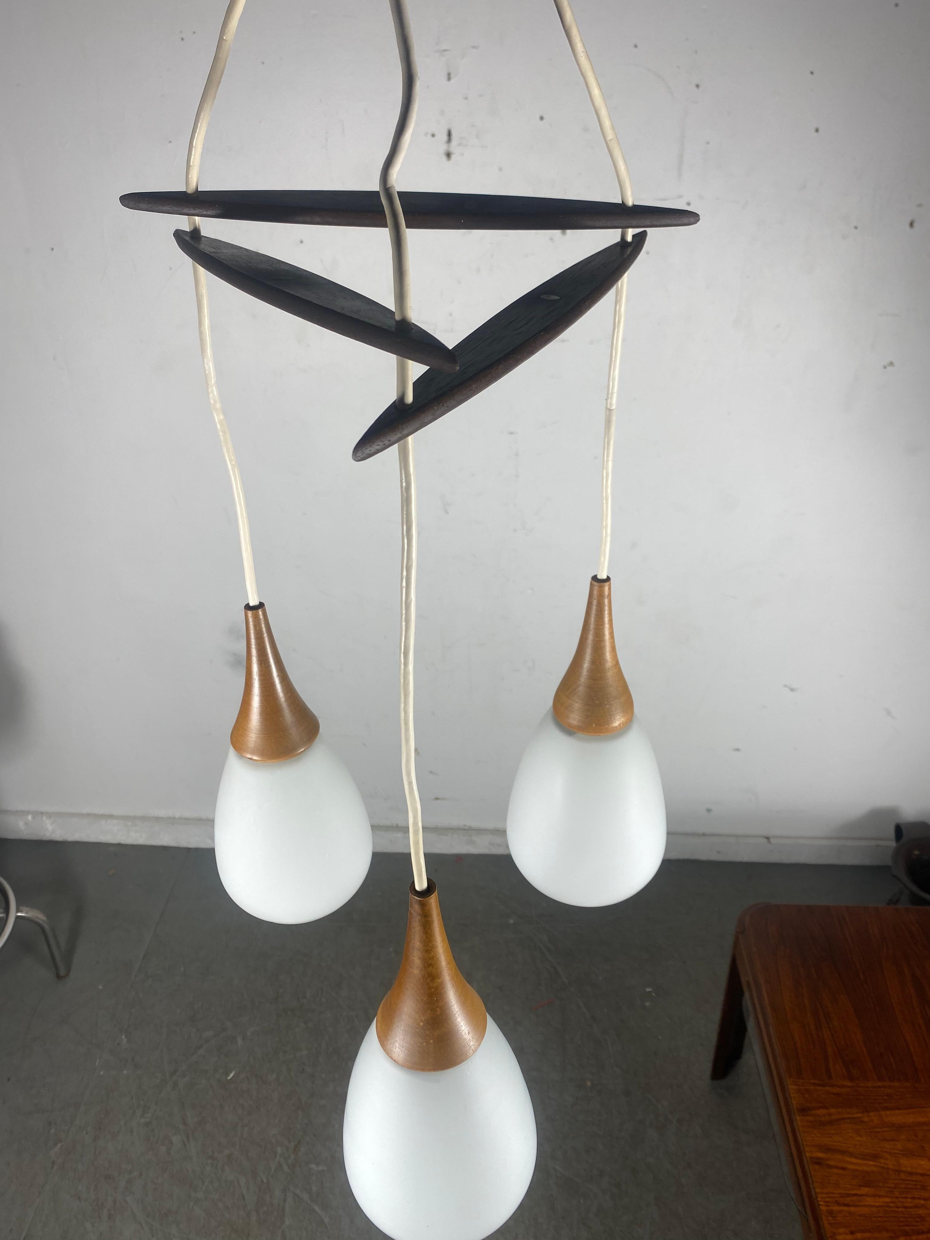 Scandinavian Modernist Triple Pendant Lighting.. Teak and Glass ...
