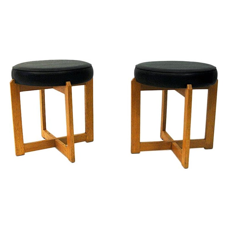 Scandinavian Oak Taburette Pair with Black Leatherette Seats, 1960s at ...