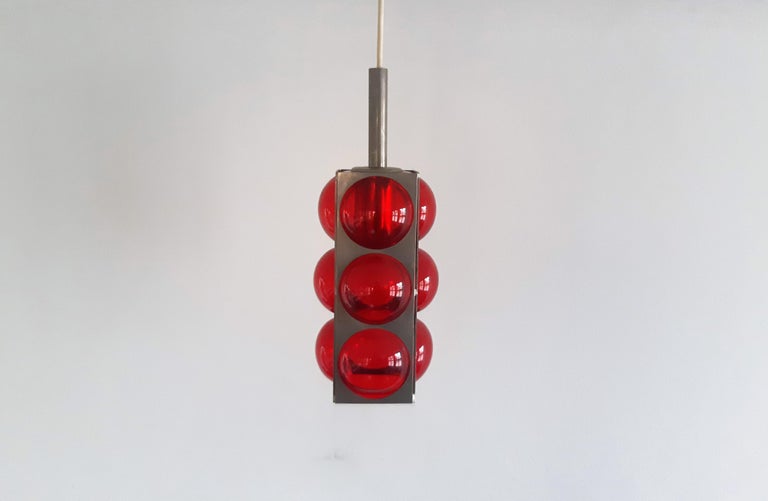 Scandinavian Red Bubble Glass Caged Pendant Lamp, 1970's at 1stDibs