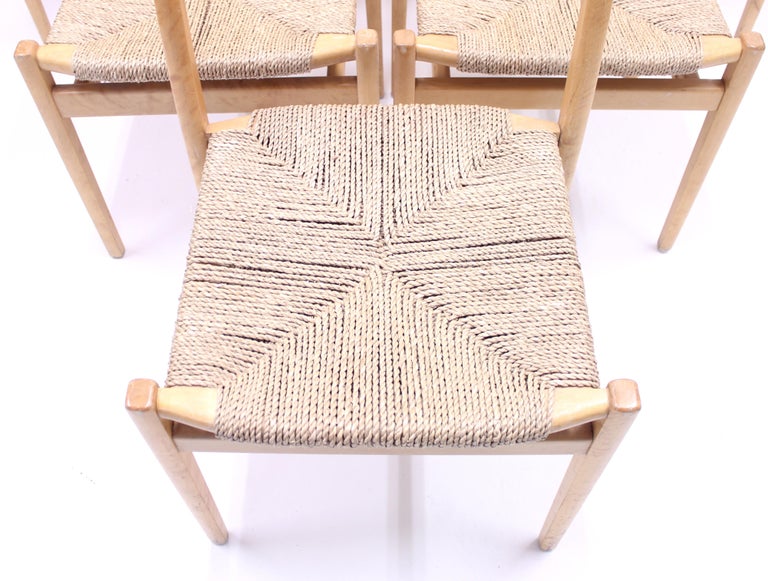 Scandinavian Stackable Birch Chairs with Rope Seat, 1960s at 1stDibs