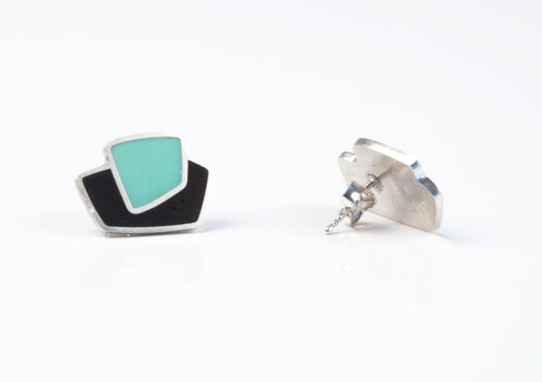 Scandinavian Stud Earrings in Silver and Enamel by Anne Leger at 1stDibs
