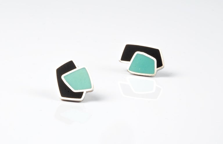 Scandinavian Stud Earrings in Silver and Enamel by Anne Leger at 1stDibs