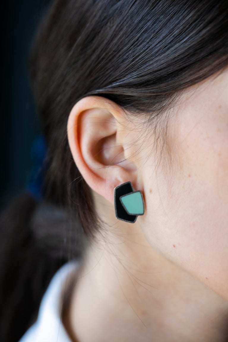 Scandinavian Stud Earrings in Silver and Enamel by Anne Leger at 1stDibs