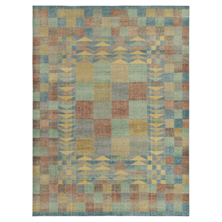 Rug and Kilim's Scandinavian Style Rug in Blue, Gold, Brown Geometric ...