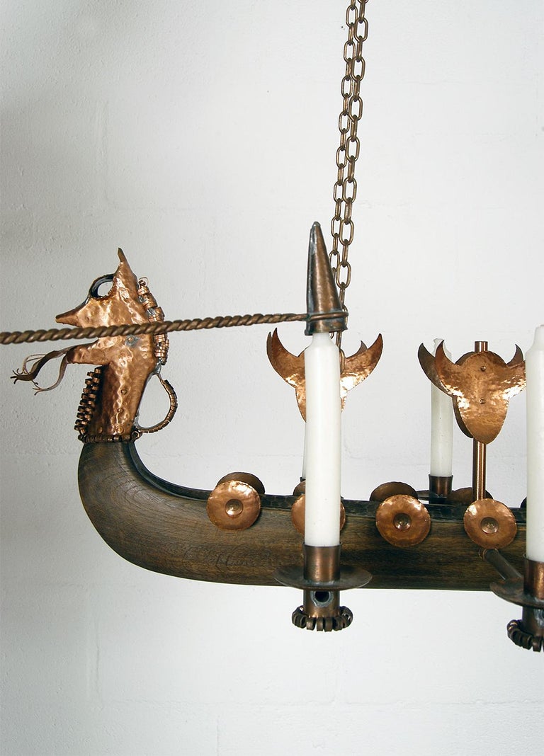 Scandinavian Viking Ship Oak Copper Candleholder 1970s Chandelier Light ...