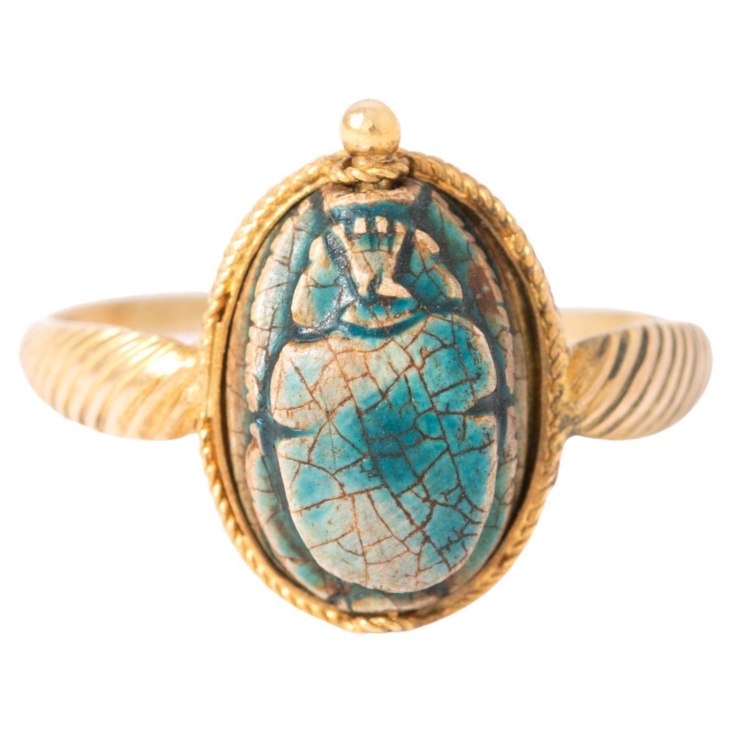 Antique Victorian Egyptian Revival Faience Scarab Spinner Ring at 1stDibs