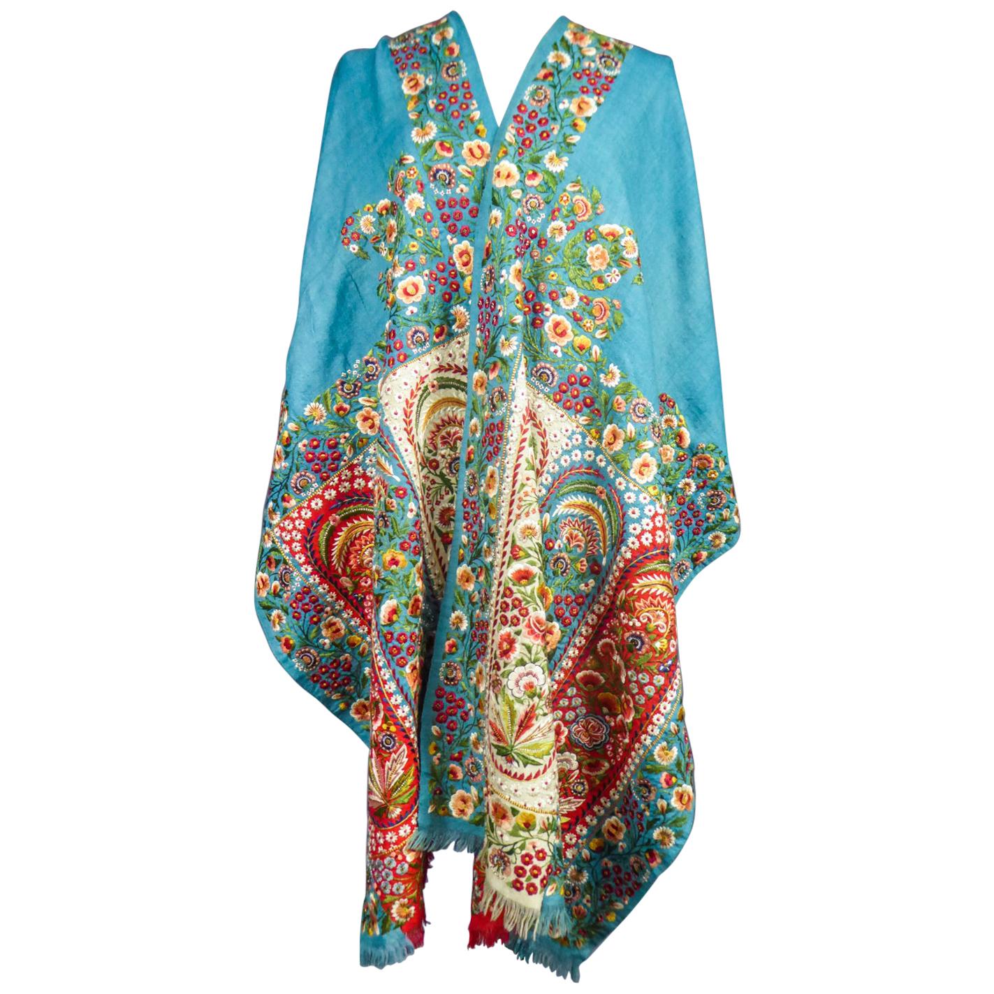 1950s Spanish Embroidered Wool Scarf with Raffia and 3D Floral Motifs ...