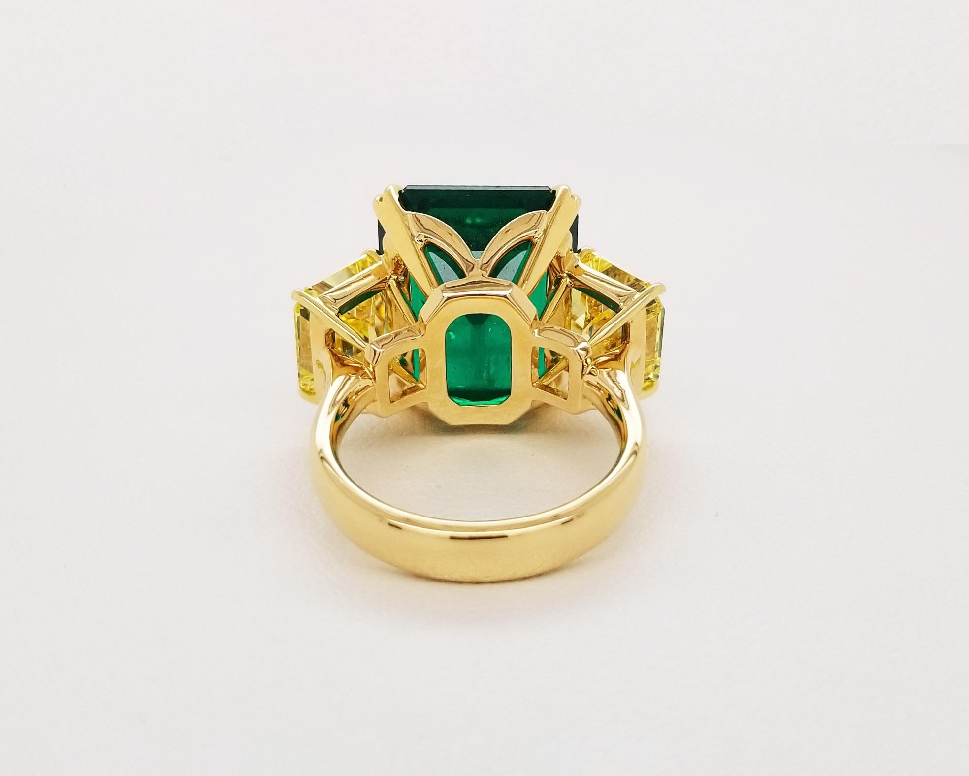 Scarselli Three Stones Ring 13 Carat Muzo Emerald and Fancy Vivid ...