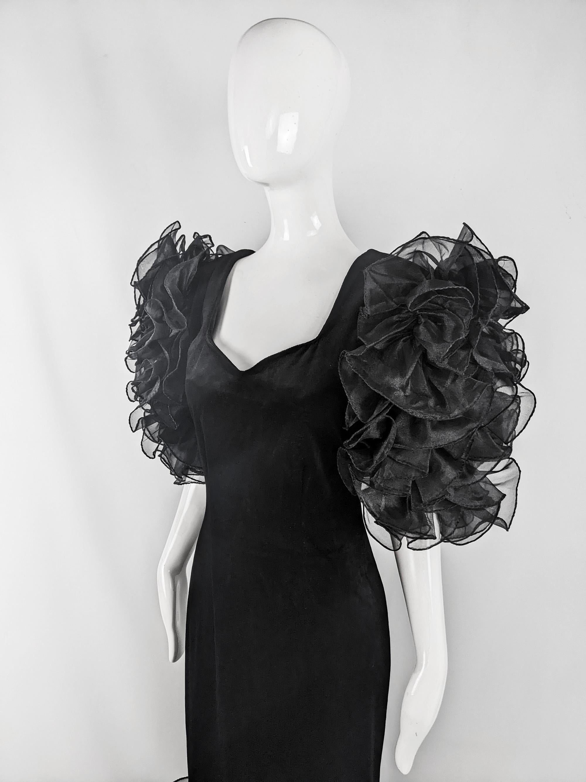 Scarvin Vintage Black 80s Velvet Ruffle Sleeve Evening Gown Dress 1980s ...