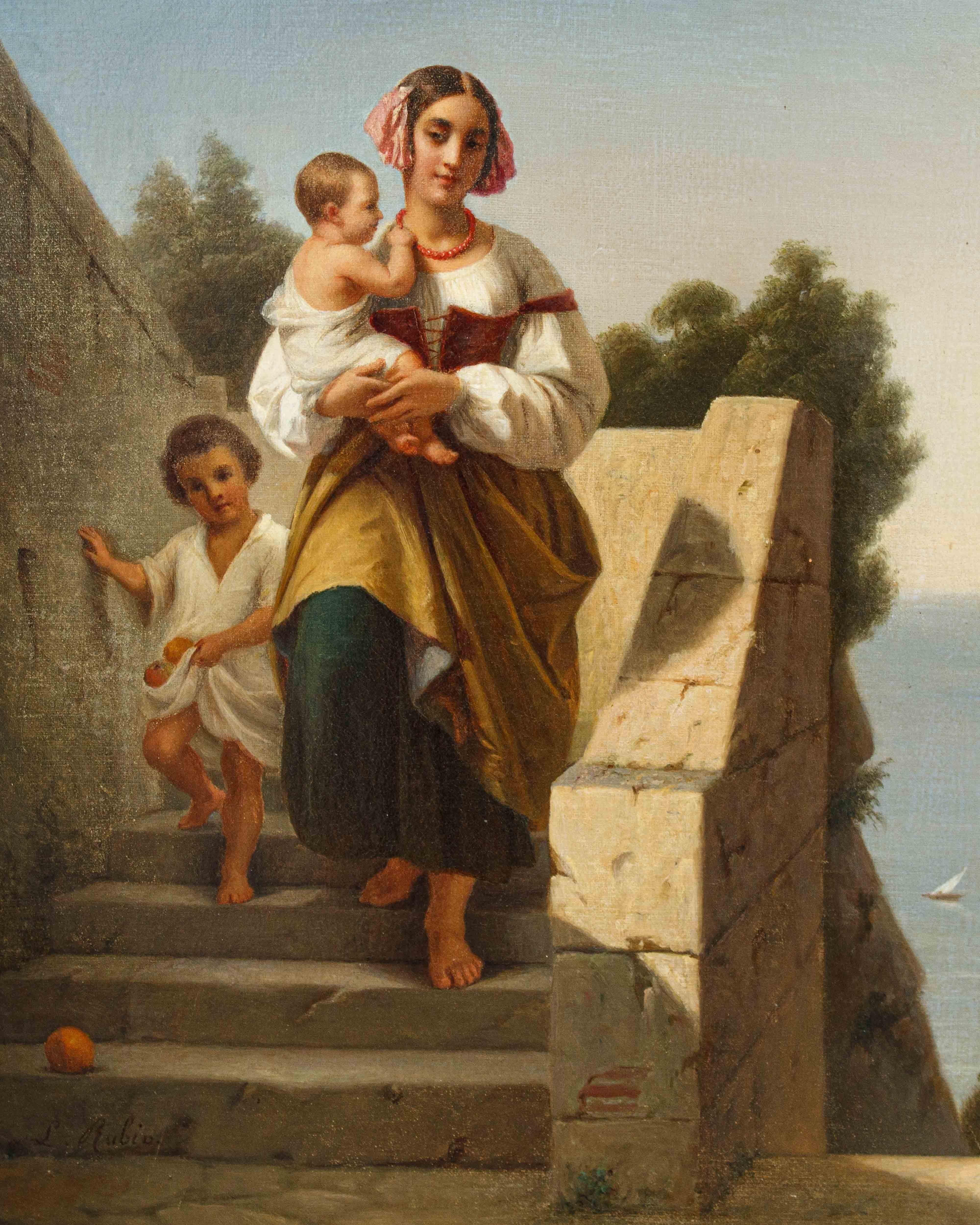 Mediterranean scene with woman and children by Louis Rubio 19th century ...