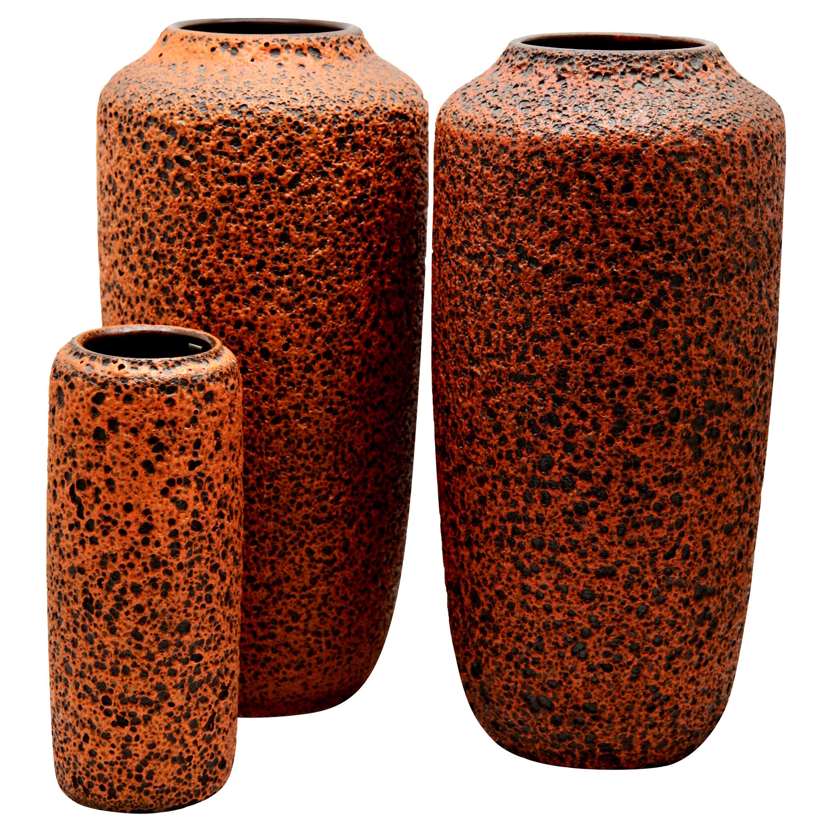 Scheurich, Germany, 3 Large Hot Orange Fat Lava Floor Vases, 1973 ...