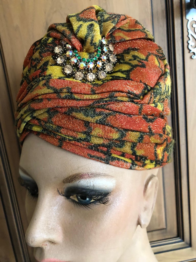 Schiapparelli Tall Metallic Floral Turban with Crescent Jewel Accent at ...