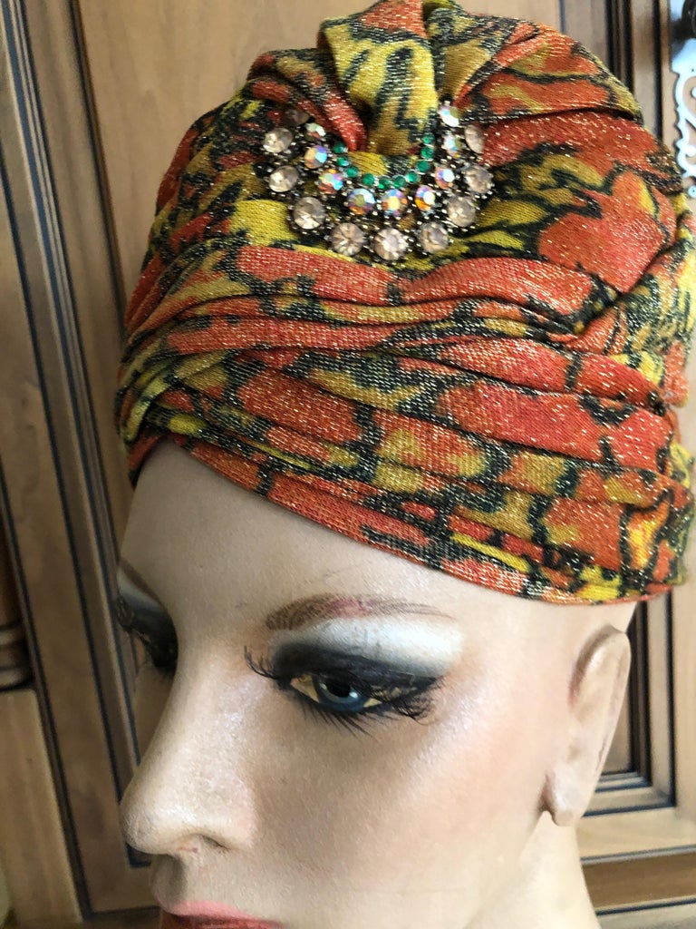 Schiapparelli Tall Metallic Floral Turban with Crescent Jewel Accent at ...