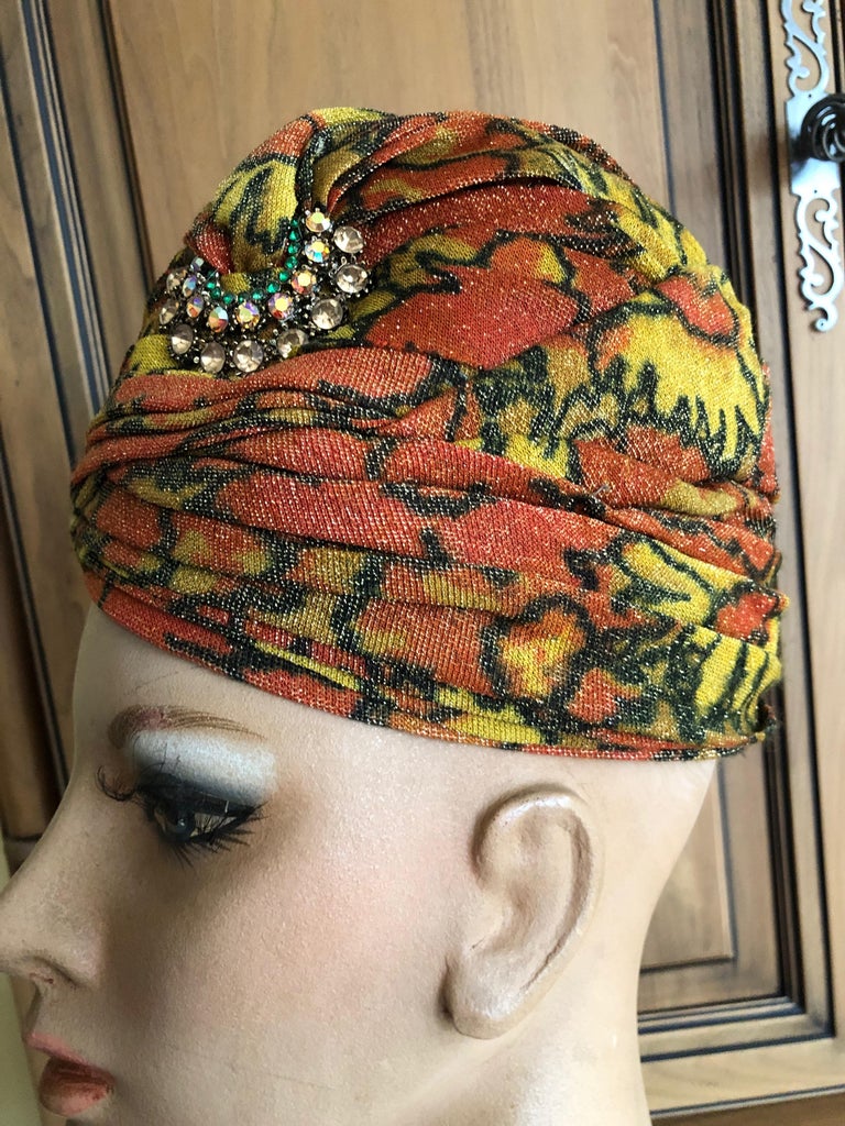 Schiapparelli Tall Metallic Floral Turban with Crescent Jewel Accent at ...