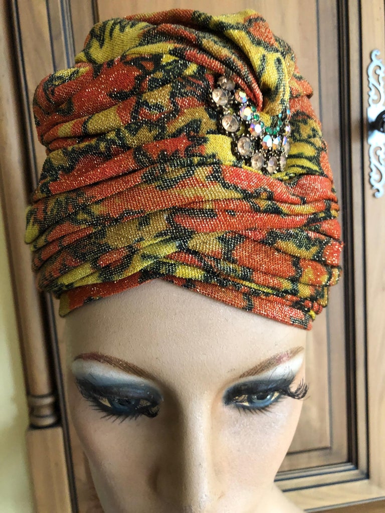 Schiapparelli Tall Metallic Floral Turban with Crescent Jewel Accent at ...
