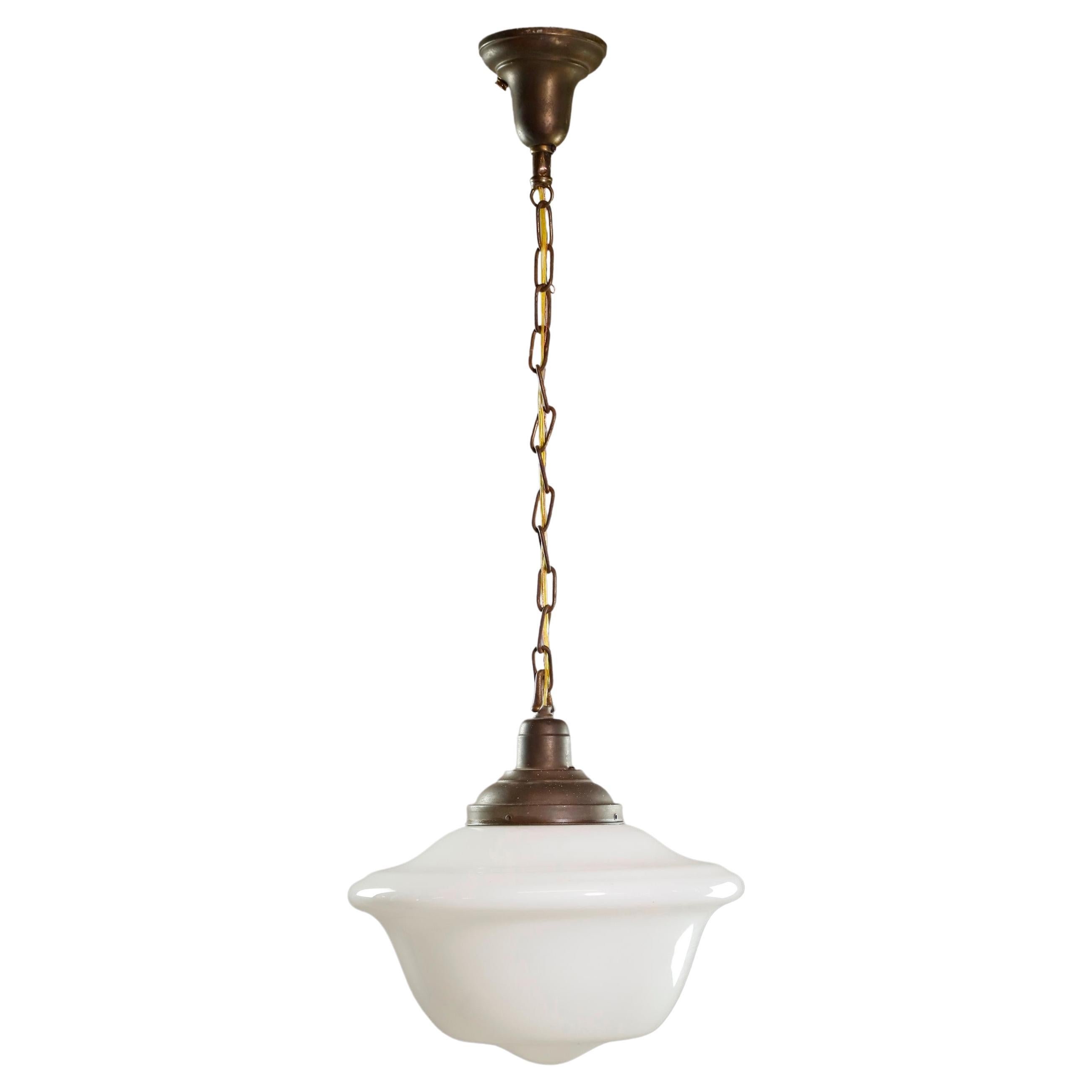 White Glass Schoolhouse Polished Brass Pendant Light For Sale at 1stDibs