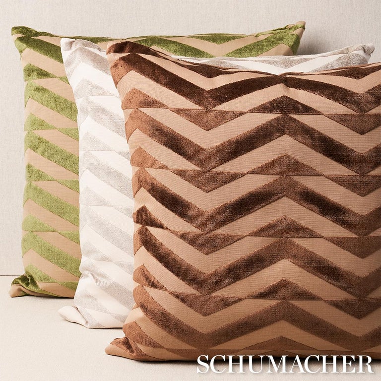Schumacher Broken Chevron Cut Velvet 22" Pillow in Olive on Khaki For ...