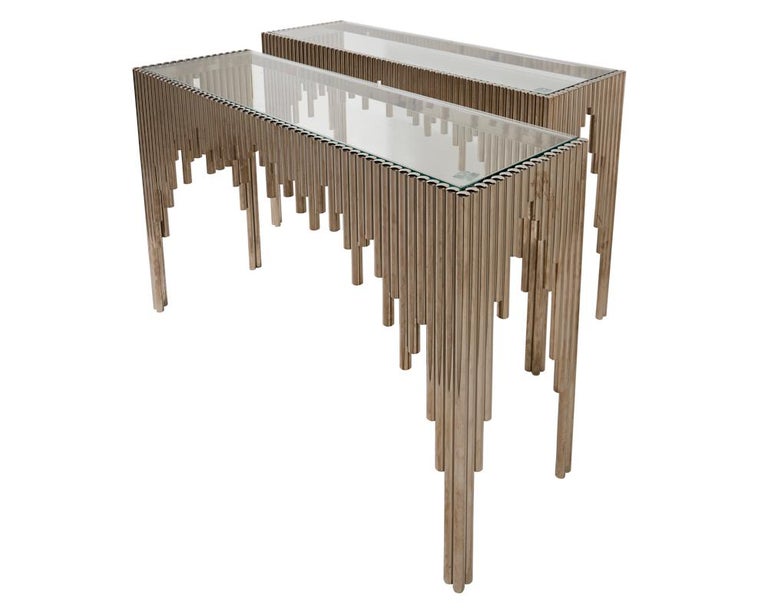 Schumacher Pair of Mid-Century Tubular Chrome Console Tables with Glass ...