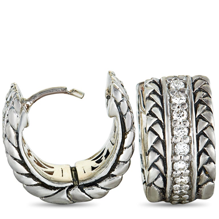 Scott Kay Sterling Silver Diamond Hoop Earrings For Sale at 1stDibs