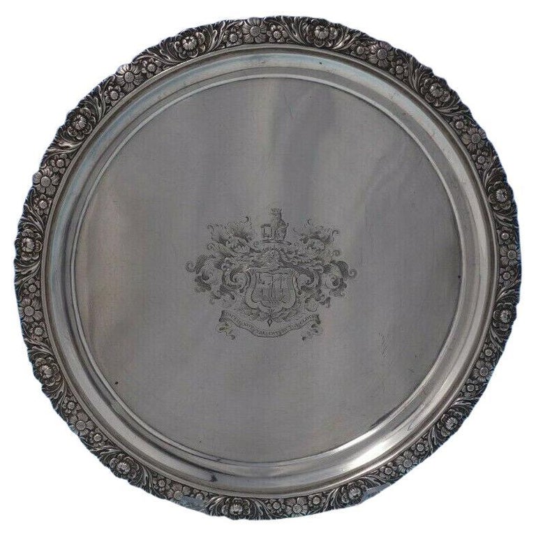 Scottish Sterling Silver Salver Tray w/ Scroll Feet and Crest / Motto ...