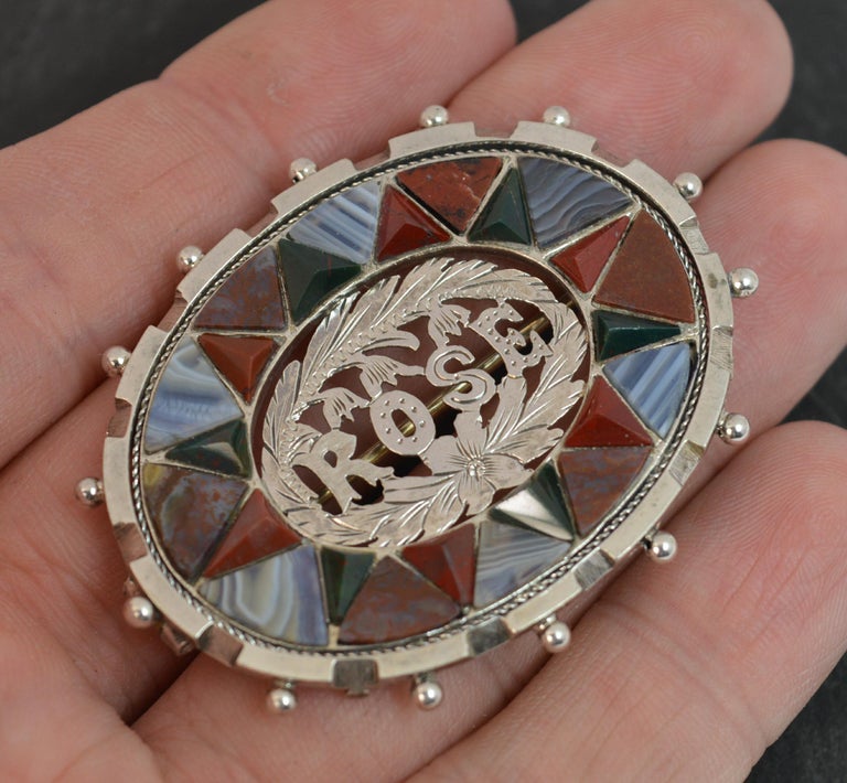 Scottish Victorian Silver Banded Agates and Bloodstone Rose Brooch For ...