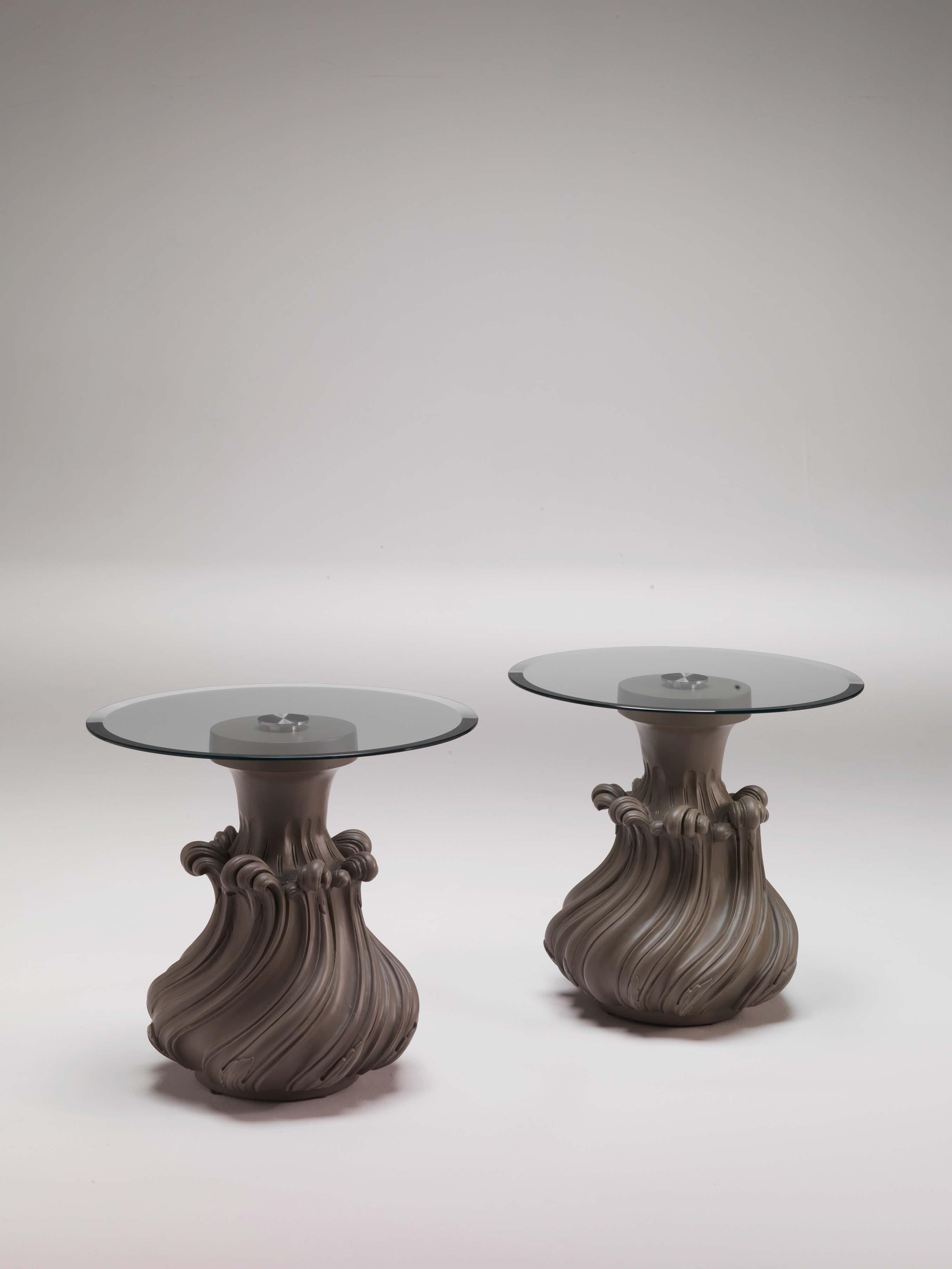 Scoubidou Gray Cocktail Table with Carved Base and Glass Top For Sale at 1stDibs