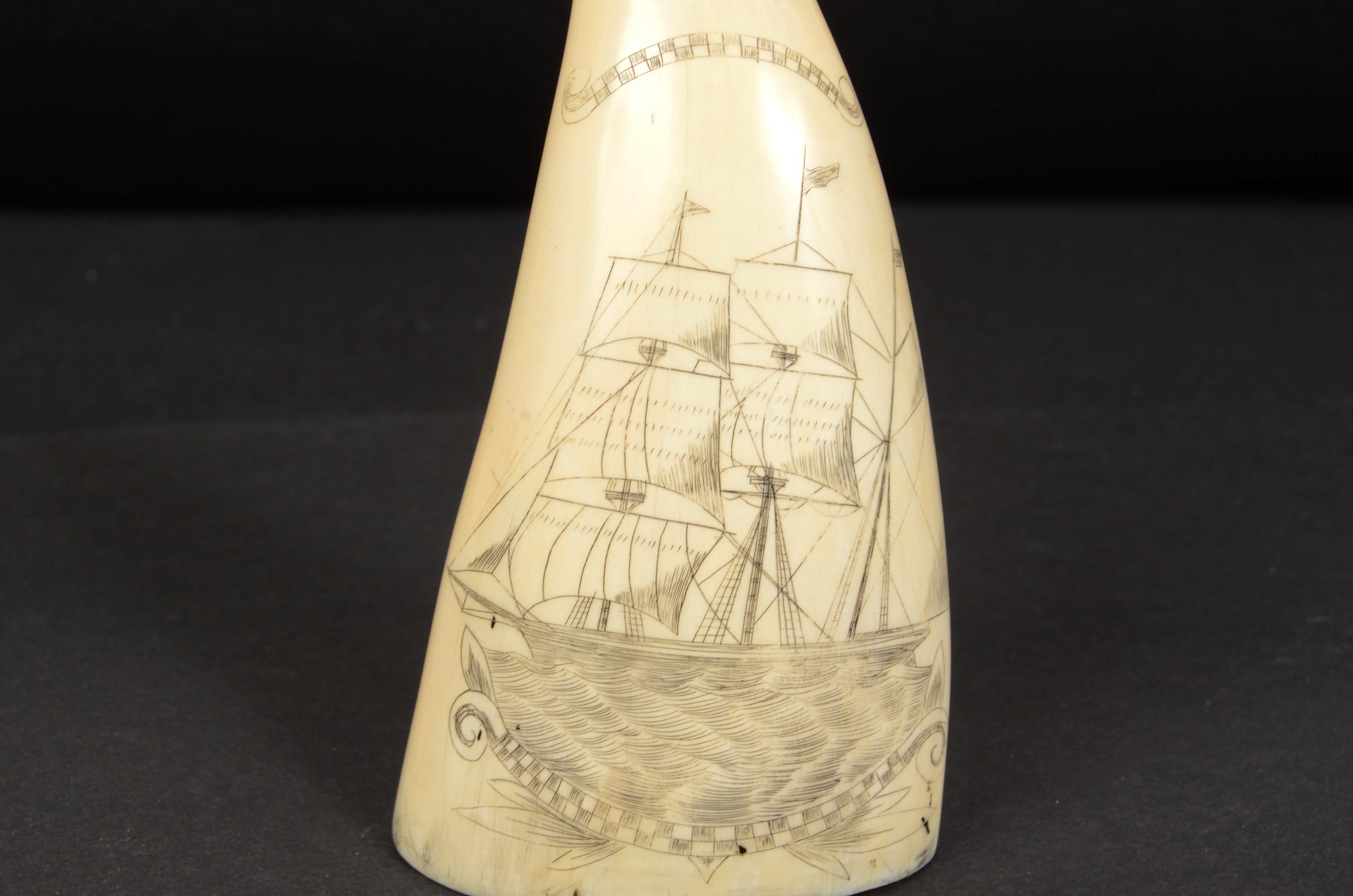 Scrimshaw of vertically engraved whale's tooth of fine workmanship from ...
