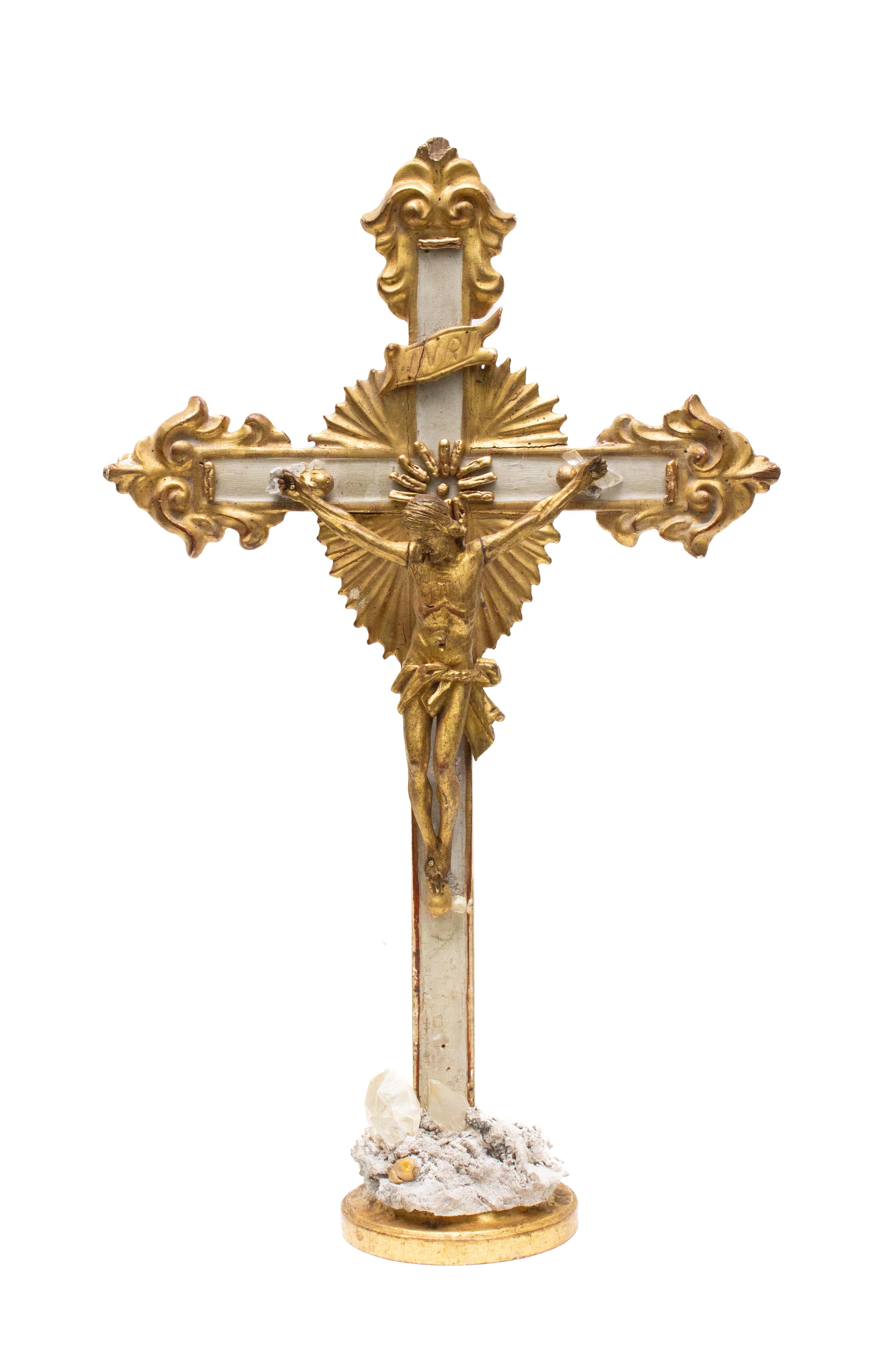 Sculptural 18th Century Italian Gilded Crucifix with Calcite Crystals ...