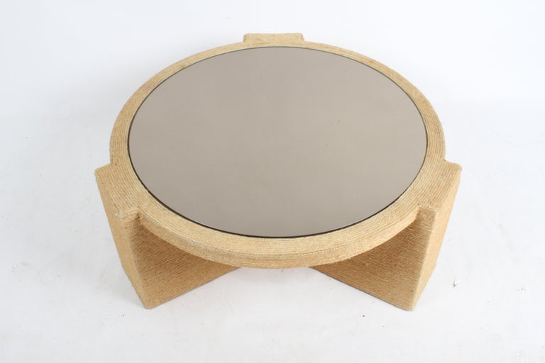 Sculptural 1970s Jute Rope Wrapped Round Coffee Table with Bronze ...