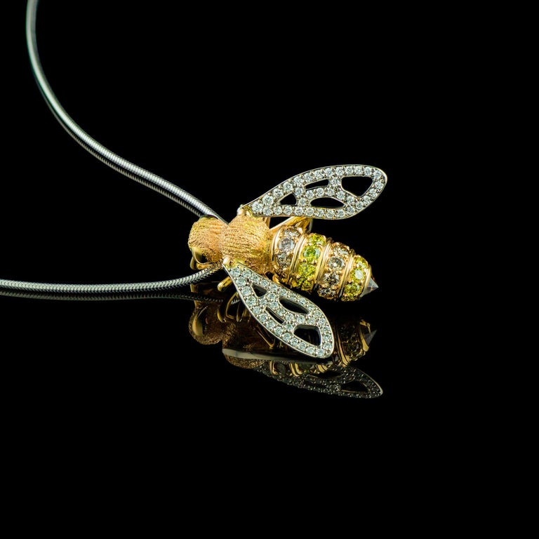 Sculptural Bee Pendant, 18k White and Yellow Gold, 97 Diamonds, Insect ...