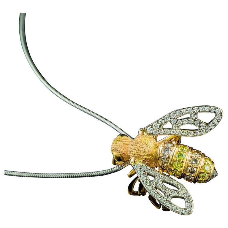 Sculptural Bee Pendant, 18k White and Yellow Gold, 97 Diamonds, Insect ...