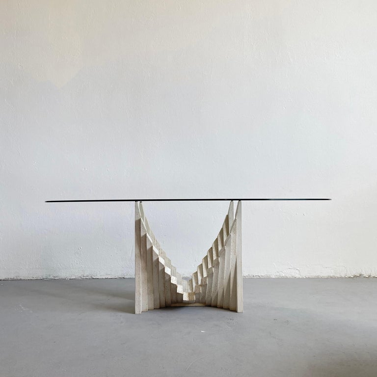 Sculptural Italian Brutalist Dining Table from the 1970s, Travertine and Glass For Sale at 1stDibs