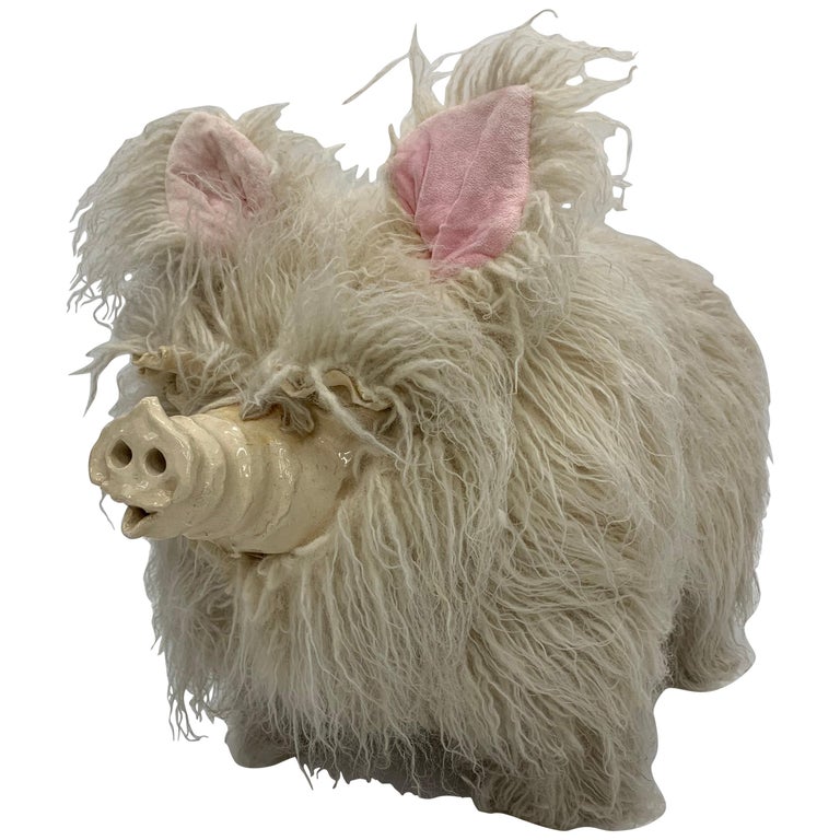 Sculptural Edna Cataldo Pig Flokati Wool Foot Stool, Signed and Dated ...