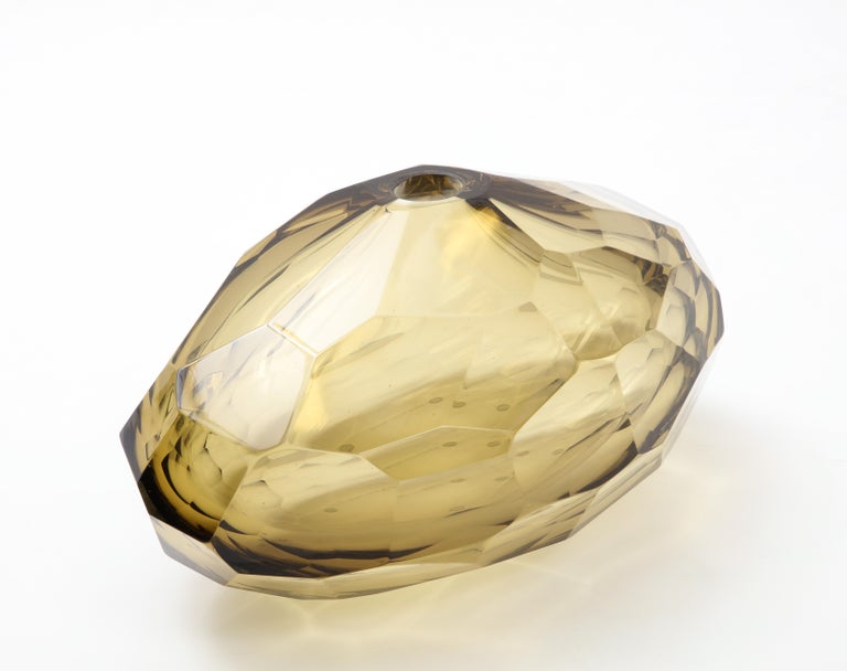 Sculptural Handblown Faceted Smoke Citrine Murano Glass Vase, Signed ...