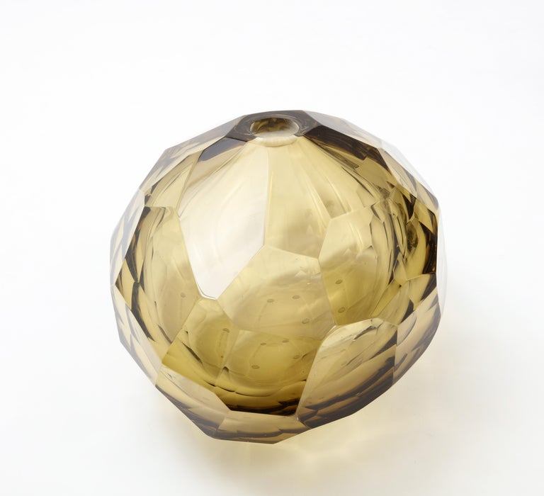 Sculptural Handblown Faceted Smoke Citrine Murano Glass Vase, Signed ...