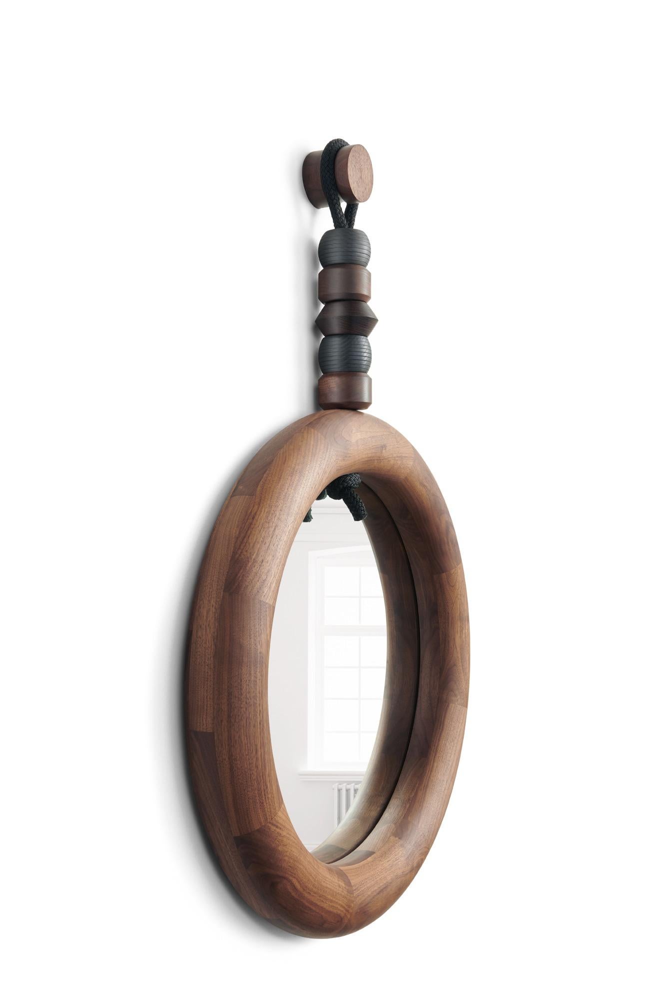 Sculptural Handcrafted Walnut Bead and Ring Mirror at 1stDibs