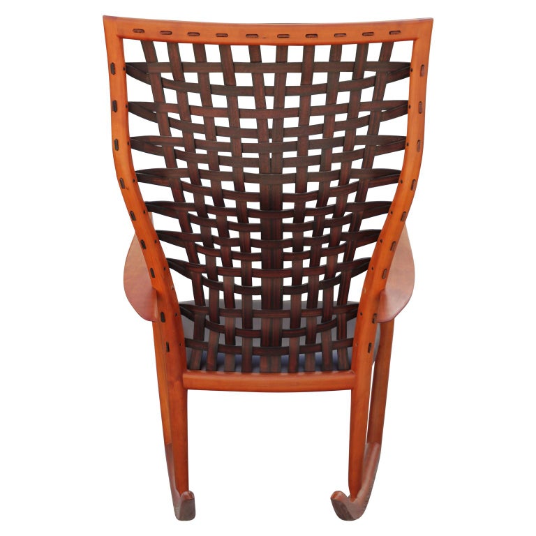 Sculptural Modern Handmade Cherrywood and Woven Leather Rocking Chair ...