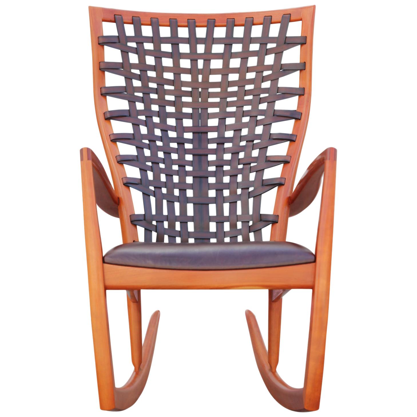 Sculptural Modern Handmade Cherrywood and Woven Leather Rocking Chair ...